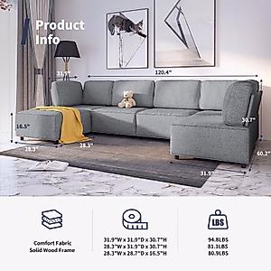 ZAFLY Modular Sectional Sofa Couch, U/L Shaped Couch with Oversized Seats, Ottoman, Convertible Modern Linen Fabric Reversible Chaise, Sofa Sleeper for Living Room, Apartment 120.4" W (Light Gray)