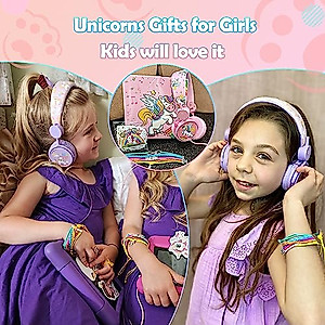 Joofooby Kids Unicorns Headphones with Mic for Travel/Car/Plane/School,Unicorns Gifts for Girls with Gifts Box,On/Over Ear HD Stereo with 95dB Volume Limited,Wired Headsets with Nylon Cable (Purple)