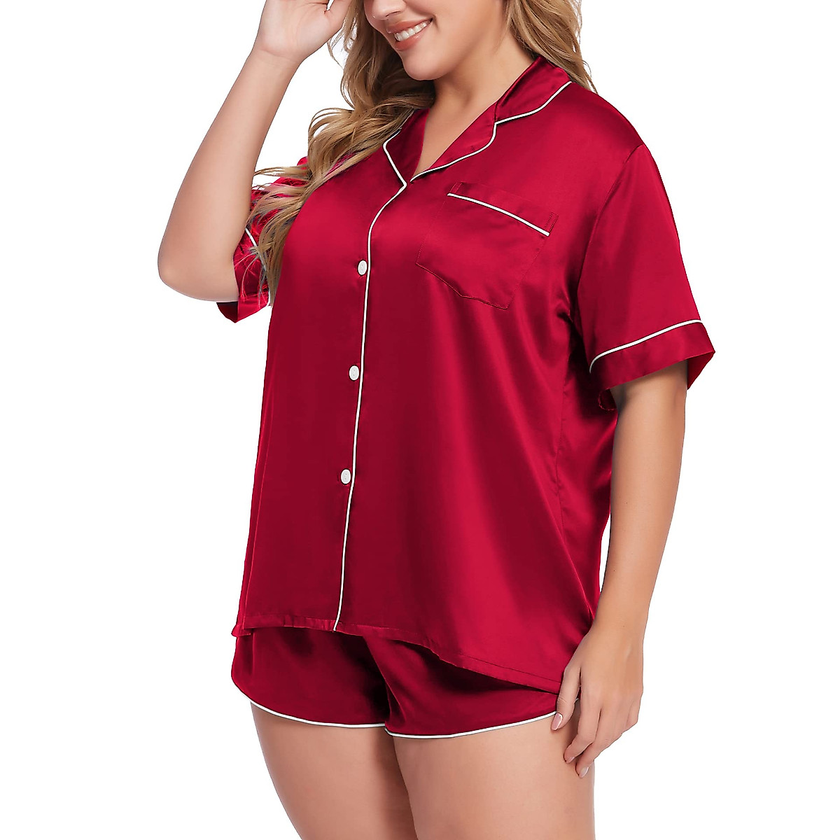 SWOMOG Womens Satin Plus Size Pajamas Silk Button Down Shorts Set Pajama Shorts 2Pcs Short Sleeve Pjs Sets Loungewear Red
