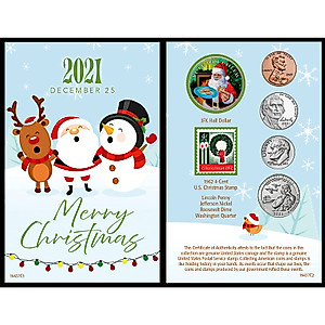 American Coin Treasures Santa Coin Year to Remember 2021 Christmas Card | Genuine United States JFK Colorized Half Dollar | First Christmas Stamp Ornament