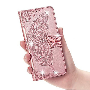 ZYZXHZD Xiaomi Mi Redmi Note 8 3D Butterfly Flower Wallet Case, with Credit Cards Slot and Stand Magnetic Protective PU Leather Flip Phone Cover for Xiaomi Redmi Note 8(Rhinestone Rose Gold)
