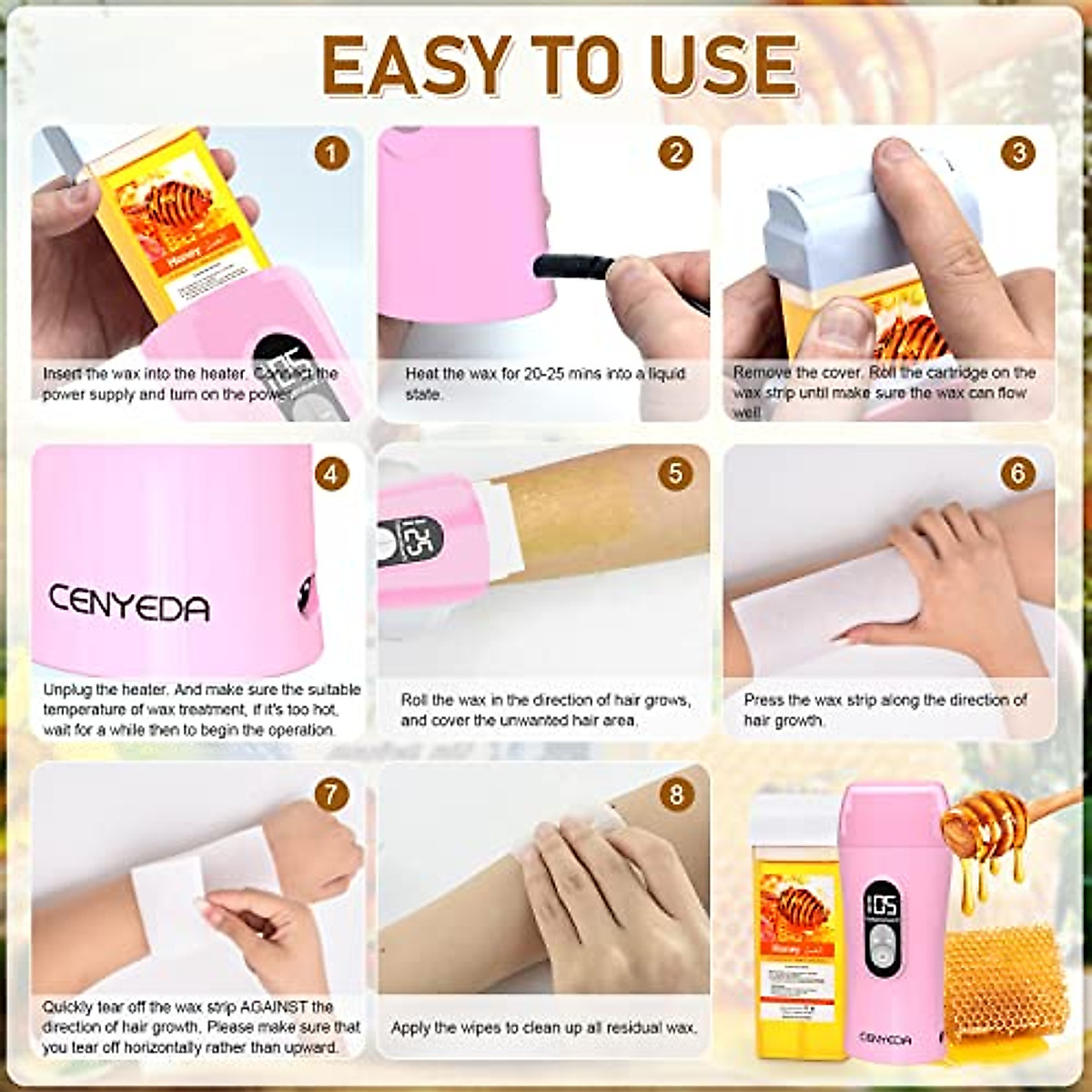 Roll on Wax Kit, Demine Honey Roller Waxing Kit for Hair Removal, Soft Depilatory Sensitive Skin, Portable Digital Roll-On Warmer Women & Men with 2 Cartridge Refill 10 Wax-removing wipes and 100pcs Strips(Pink)