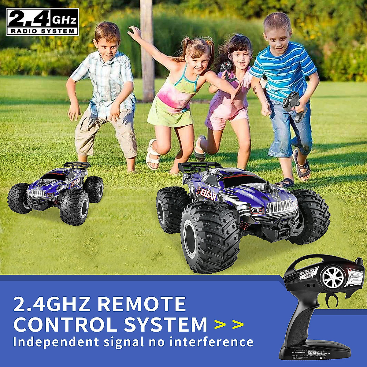 BEZGAR TM202 Toy Grade 1:20 Scale Remote Control Car,2WD Top Speed 15 Km/h Electric Toy Off Road 2.4GHz RC Monster Vehicle Truck Crawler with 2 Rechargeable Batteries for Boys Kids and Adults