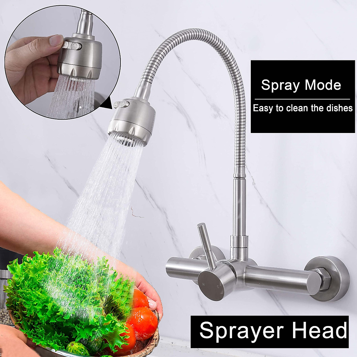 Wall Mount Kitchen Faucet One Handle 8" inch Center Commercial Sink Faucet with Stainless Steel Constructed Brushed Nickel Finish Commercial Kitchen Sink Faucet