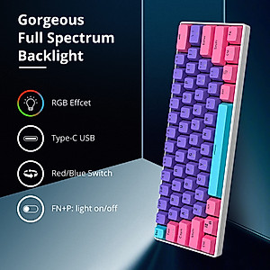 Mosptnspg Protable 60% Percent Gaming Keyboard Mechanical, Mini Compact RGB Backlit 61 Keys Wired Office Keyboard with red Switch for Mac/Win (Purple/red Switch)
