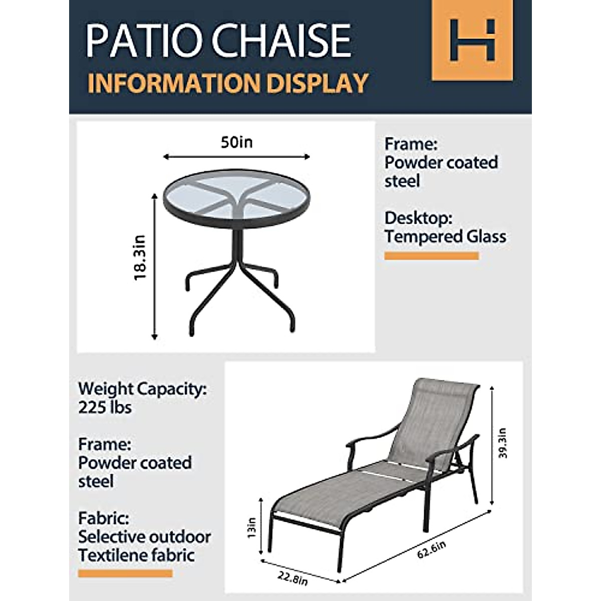 HAPPATIO Patio Chaise Lounge Set 3 Pieces,Patio Lounge Chair with Glass Coffee Table,Pool Lounge Chair with Breathable Textilene Fabric,Patio Chaise Lounge Chair for Patio Backyard Poolside(Gray)