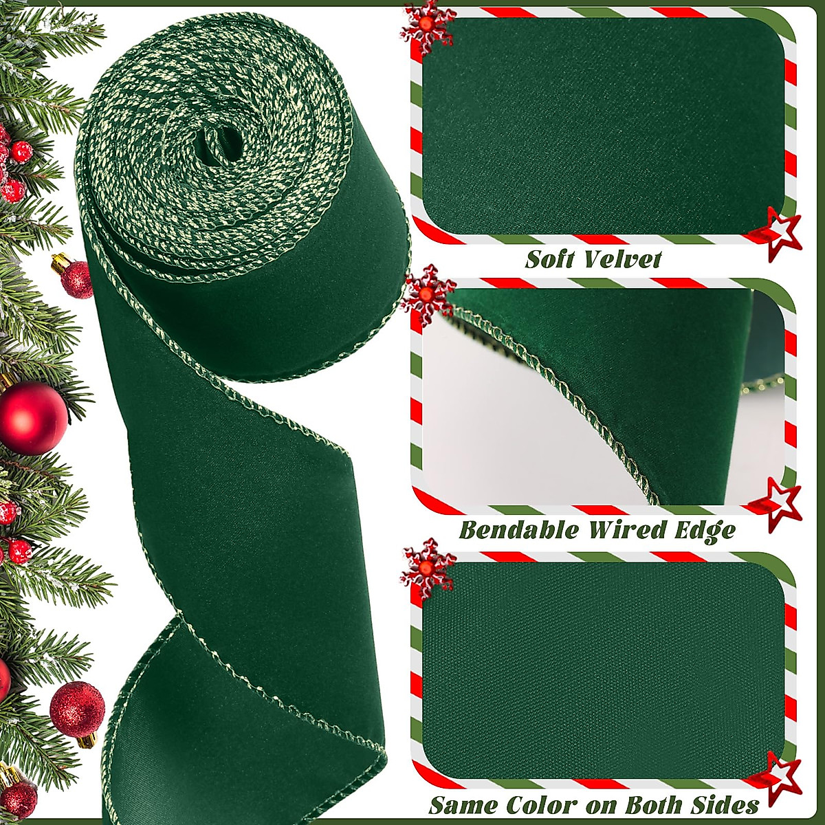 Riceshoot 2 Rolls Christmas Velvet Ribbon 2.5 Inch 20 Yards Xmas Velvet Wired Ribbon with Gold Edge for Christmas Tree Decorations Wreath Bow Making (Green)