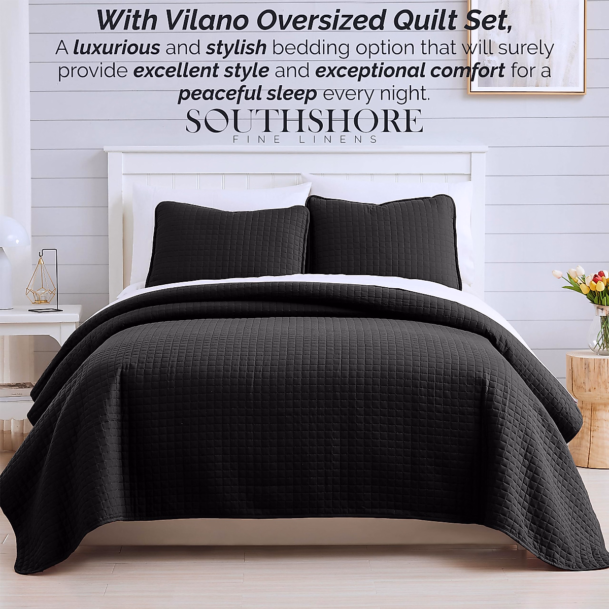 Southshore Fine Living, Inc. Twin Quilt Bedding Set, Soft Brushed Microfiber Coverlet, Stain and Pet Hair Resistant Bedding, XL/Twin Black Quilt Comforter Set/Bedspread with 1 Pillow Sham, Black