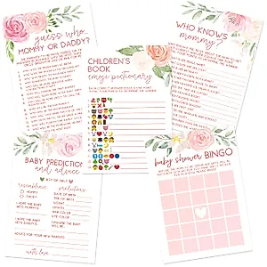 Printed Party Baby Shower Games for Girl – 5 Games & Activities, Baby in Bloom Floral Theme, 50 Guests