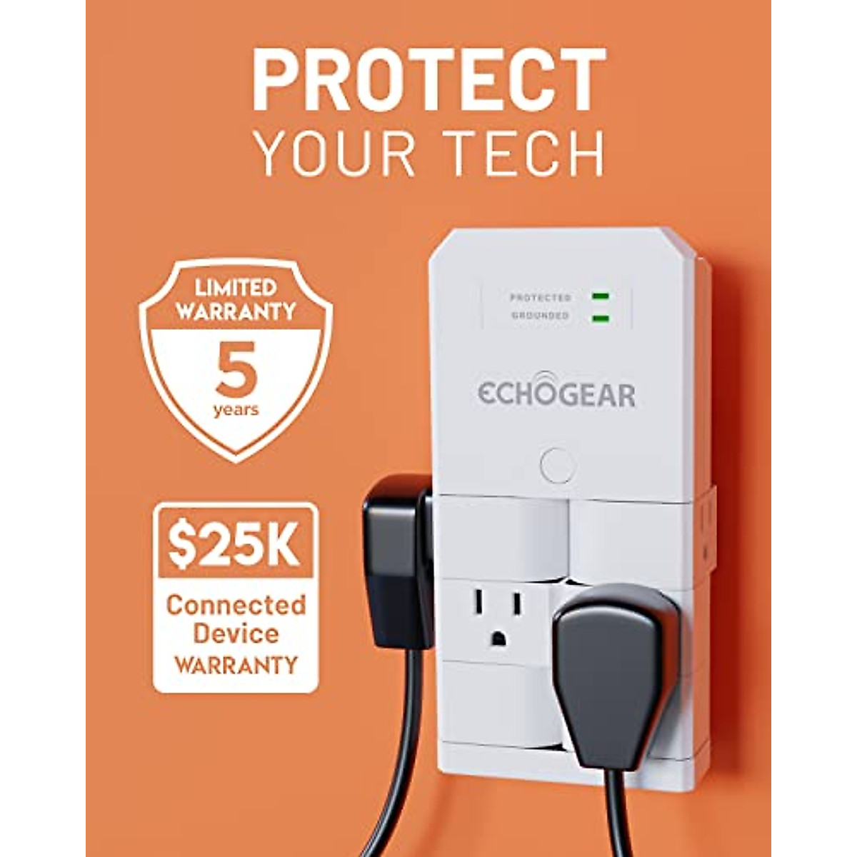 ECHOGEAR On-Wall Surge Protector with 6 Pivoting AC Outlets & 1080 Joules of Surge Protection - Low Profile Design Installs Over Existing Outlets to Protect Your Gear (White)