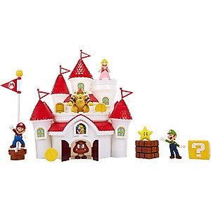 Super Mario Nintendo Deluxe Mushroom Kingdom Castle, Wall Display & Playset with (5) 2.5" Articulated Action Figures (Exclusive Bowser Figure, Princess Peach, Mario, Luigi & Goomba)