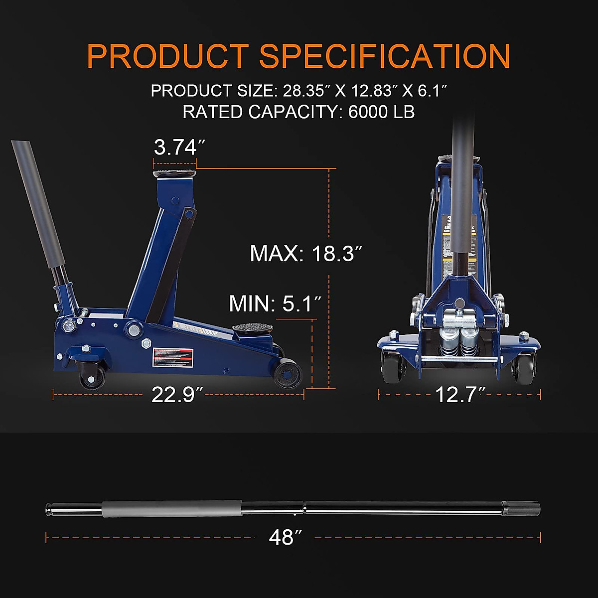 TCE ATZ830023U Torin Hydraulic Heavy Duty Steel Service/Floor Jack with Dual Piston Quick Lift Pump, 3 Ton (6,000 lb) Capacity, Blue