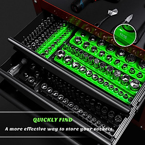 AMNBREI Magnetic Socket Organizer, 6 Piece Set Metric and SAE Magnetic Socket holders Holds 143 Sockets, 1/2-inch, 3/8-inch, 1/4-inch Drive， Attaches to Metal Wall, Organizer Tool Box, Green and Black