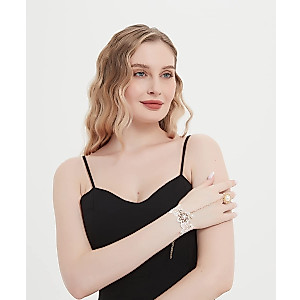 Asphire Retro Lace Slave Bracelet with Finger Ring Vintage Pearl Tassel Ring Chain Bracelet Lolita Costume Party Festival Rose Hand Accessories for Women (Style 5)