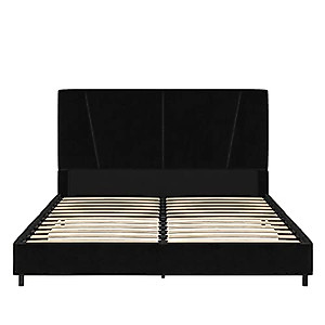 REALROOMS Maverick Velvet Upholstered Platform Bed with Tufted Headboard, Queen, Black