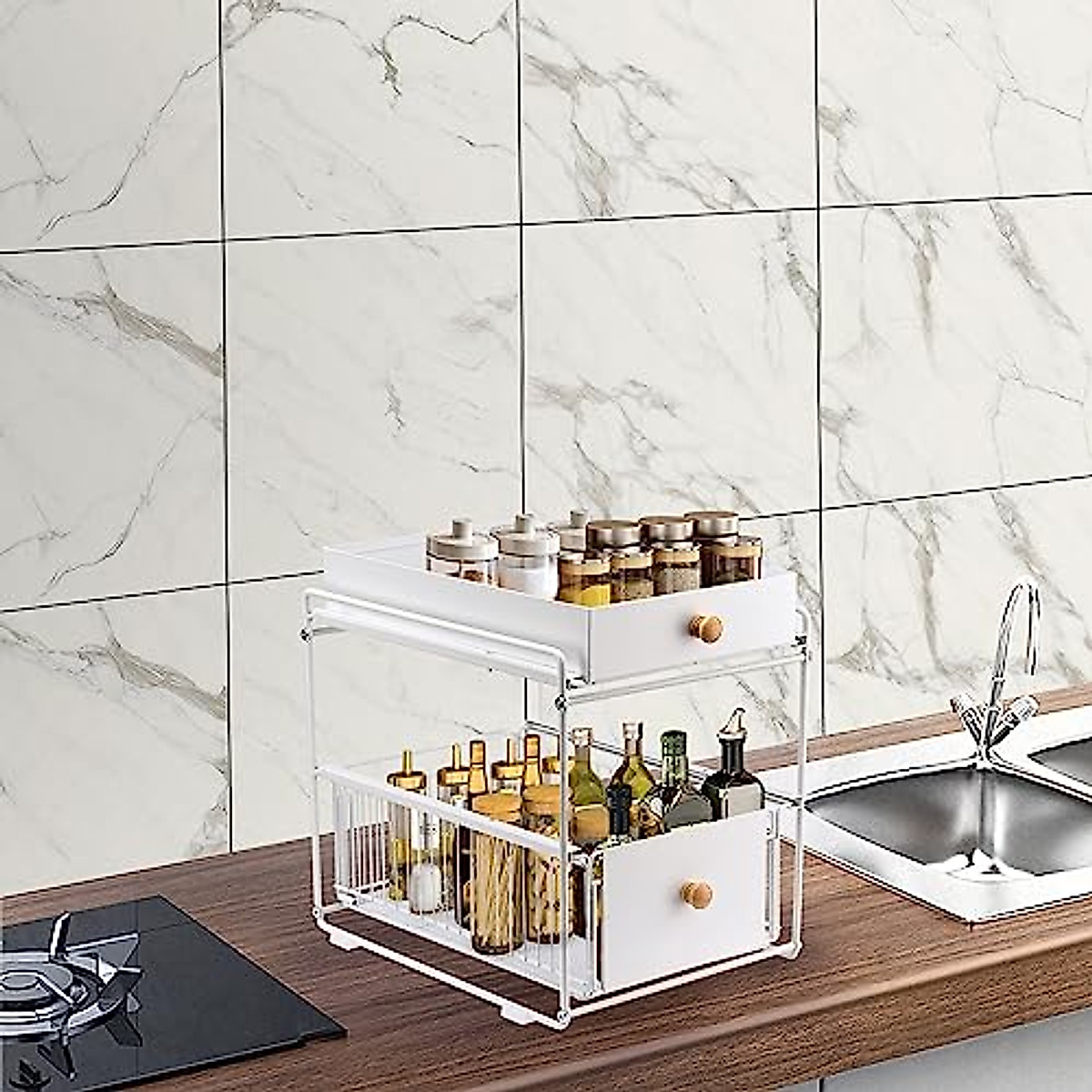 RIAAJ Kitchen Sink Shelf 2 Tier Under The Sink Organizer Sliding Countertop Organizer Slide Out Cabinet Drawer Organizer, Spice Rack Metal Basket Home Shelf for Bathroom Kitchen Sink Organizer, #2