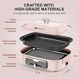 Ventray Electric Skillet with Lid Indoor Electric Grill, Nonstick Cooking Surface for Frying, Sauteing, Simmering and Braising, Adjustable Temp Portable Korean BBQ Grill with Removable Griddle Plate