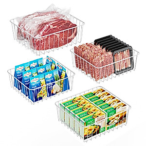 iSPECLE Freezer Organizer Bins - 4 Pack Small Freezer Bin for 5 / 6 / 6.5 / 6.8 / 7 cu.ft Standup Freezer Easy Get, Stop Food Fall out, Freezer Baskets for Upright Freezer Allow Air Circulation, White