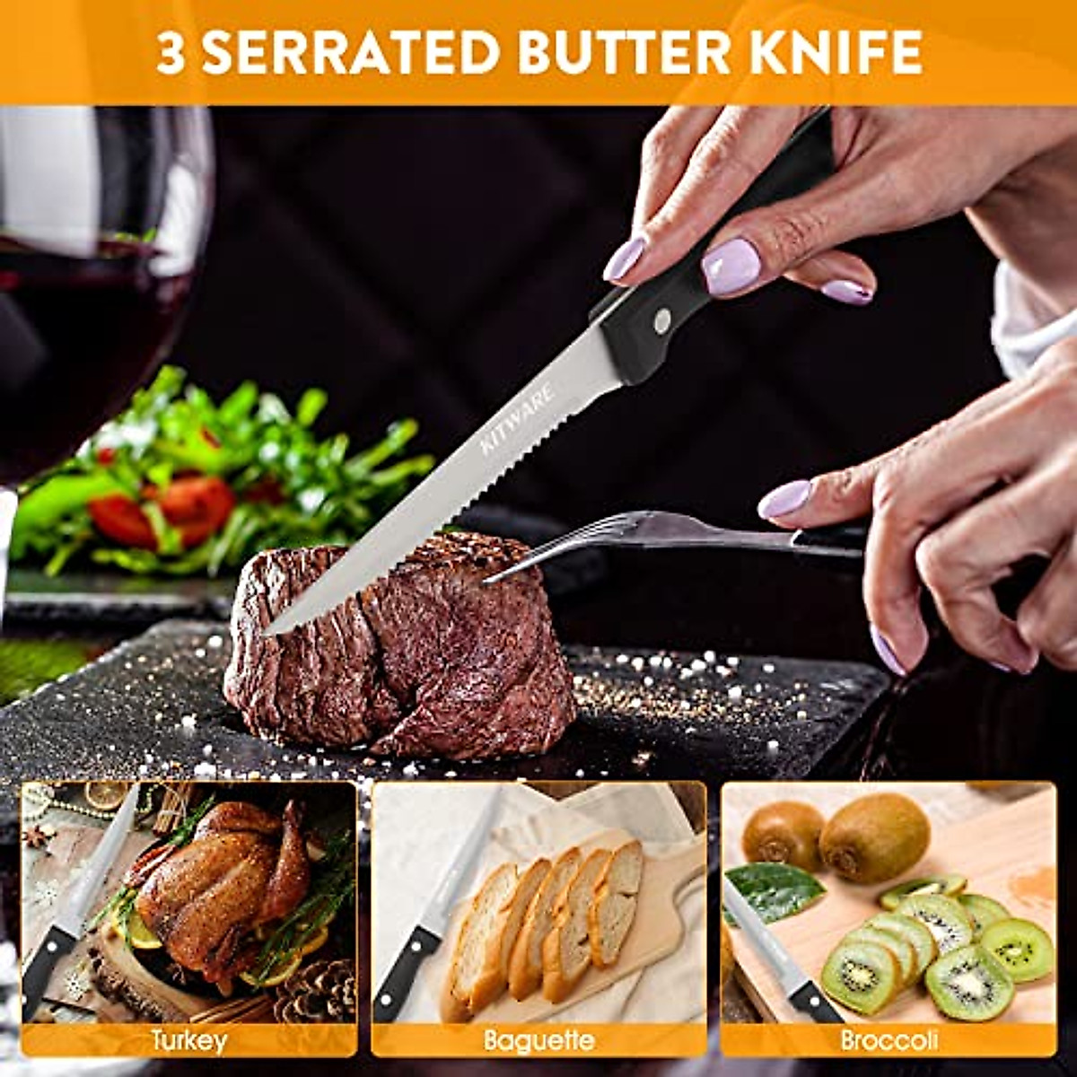 KITWARE Steak Knives Set in Gift Box,4.5 inch Sharp Steak Knives Set of 6, Serrated Edge Knife with Black Handle,Stainless Steel Knifes for Bread, Butter and Meat