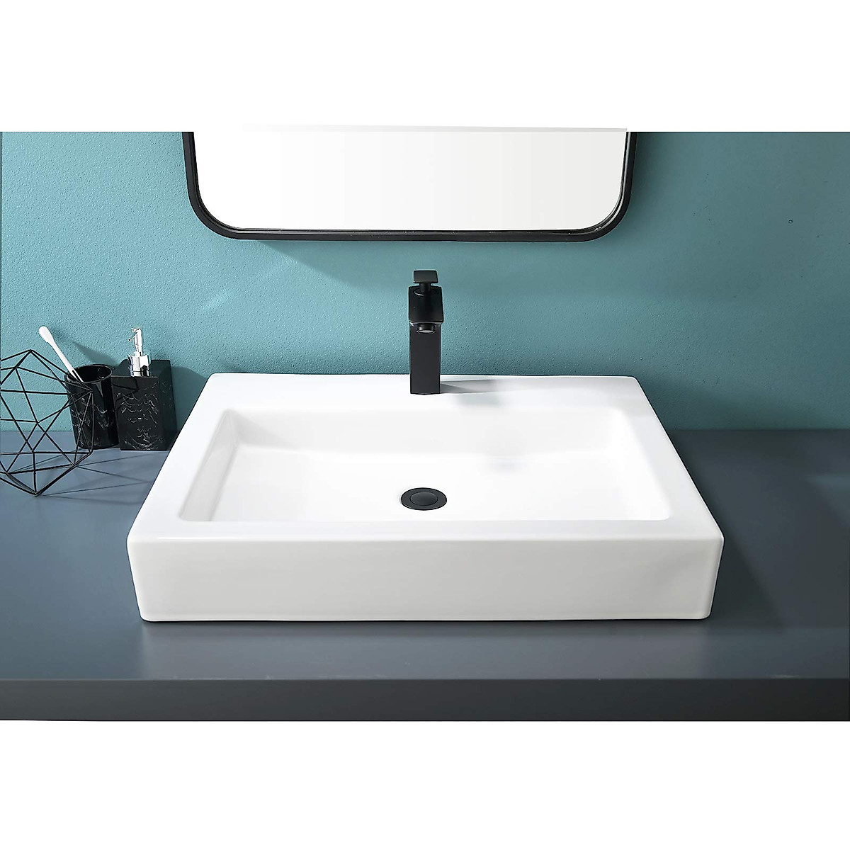 Bathroom Vessel Sink Rectangular White,VALISY 24 x18 Inch Above Counter Porcelain Ceramic Vessel Sink, Rectangle Modern Vanity Lavatory Bath Countertop Bathroom Sink Bowl Basin with Single Faucet Hole