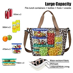 MIER Lunch Bags for Women Large Insulated Lunch Tote Bag Lunchbox Container for Work College Travel Beach, Adjustable Shoulder Strap, Leopard