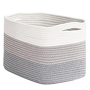 Goodpick Woven Rope Storage Basket, Soft Baby Nursery Storage Basket for Books, Toys, Towels, Magazines, Rectangle Shelf Basket for Bedroom, Closet, Living Room, 15 x 10 x 9 inches, Grey