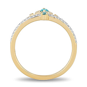 Jewelili Enchanted Disney Fine Jewelry 14K Yellow Gold Over Sterling Silver Round Swiss Blue Topaz and 1/10 Cttw Natural White Round Diamond Jasmine Ring, Size 7