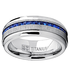 Metal Masters Men's Titanium Wedding Band Engagement Ring W/Blue Simulated Sapphire Cubic Zirconia Princess CZ 9