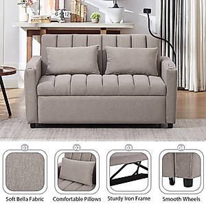 56'' Convertible Sleeper Sofa Bed,Full Loveseat Futon Pull Out Couch Sofá for Small Space,3 USB Ports,2 Cup Holders,360°Swivel Phone Holder,Modern Couches Sofabed Living Room,RV Hide-a-Bed (Gray)