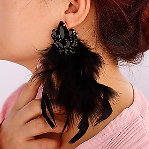 Denifery Long Feather Earrings Bohemian Earrings Multicolor Tassel Handmade Feather Earrings Dangling Earrings for Women and Girls (Black)