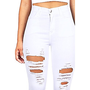 Vibrant Women’s Denim Skinny Jeans – Stretch High Waisted Raw Edges Heavy Distressed Ripped Casual Slim Fit Pants VP1213 White 9