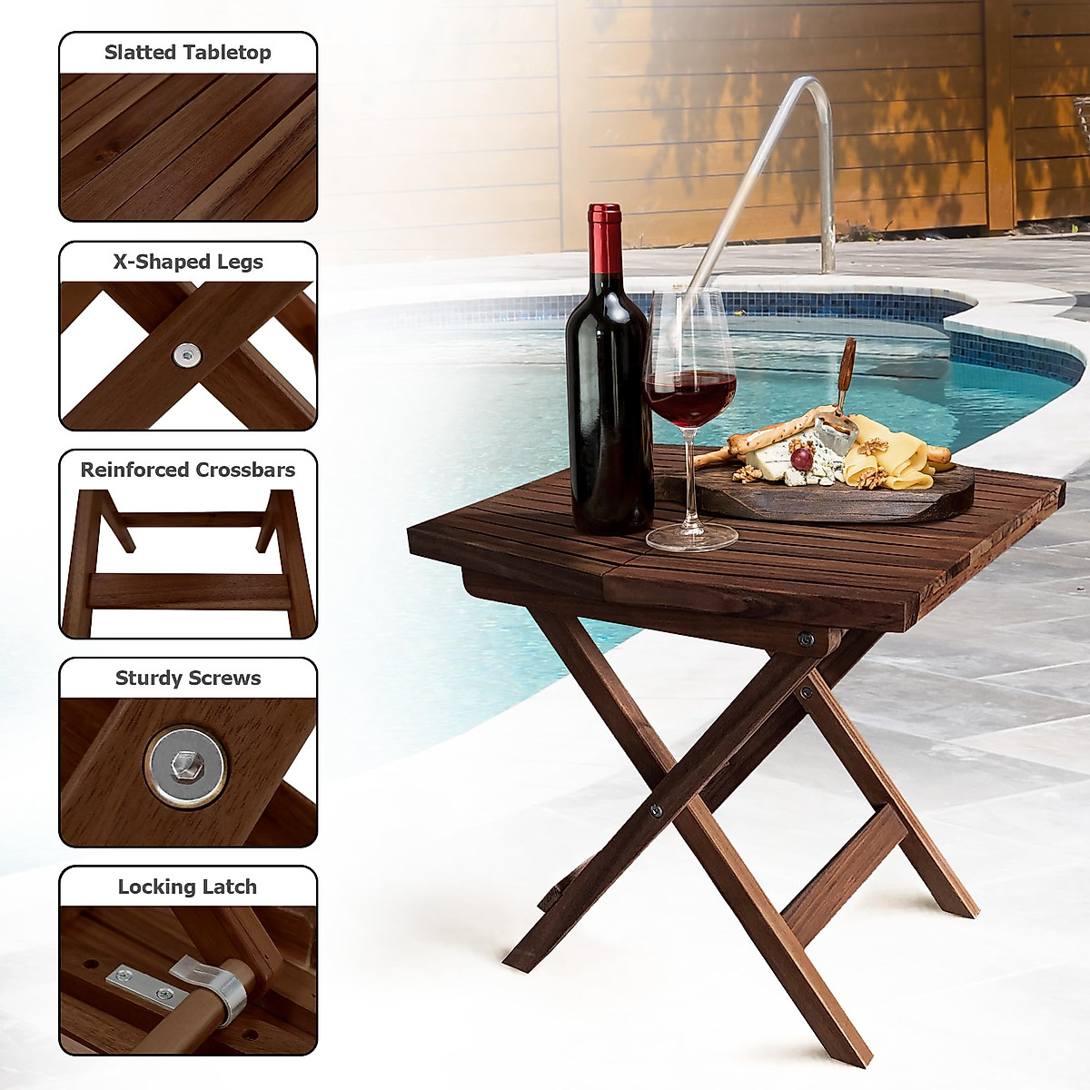 Melino Wooden Folding Table, Acacia Wooden Small Table for Indoor and Outdoor uses, Weather Resistant and Fully Assembled (Chestnut)