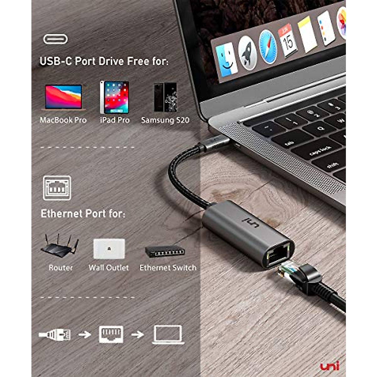 USB C to Ethernet Adapter, uni Driver Free RJ45 to USB C [Thunderbolt 3/4 Compatible], 1Gbps Type-C Gigabit Ethernet LAN Network Adapter for MacBook Pro/Air, iPad Pro, Dell XPS, Surface Laptop, Mac