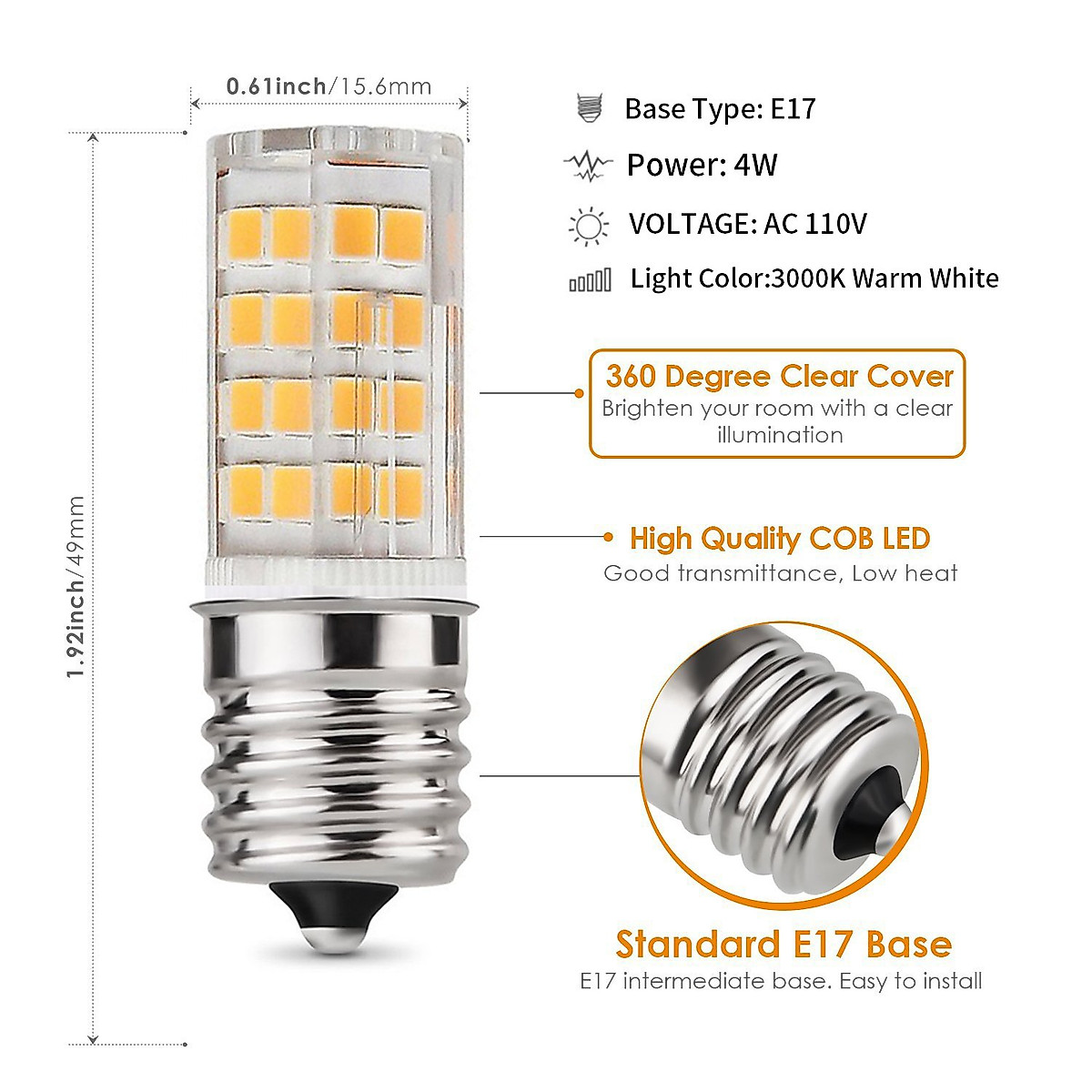E17 LED Bulb Microwave Oven Light 4 Watt Warm White 3000K dimmable 52x2835SMD AC110-130V (Pack of 2)