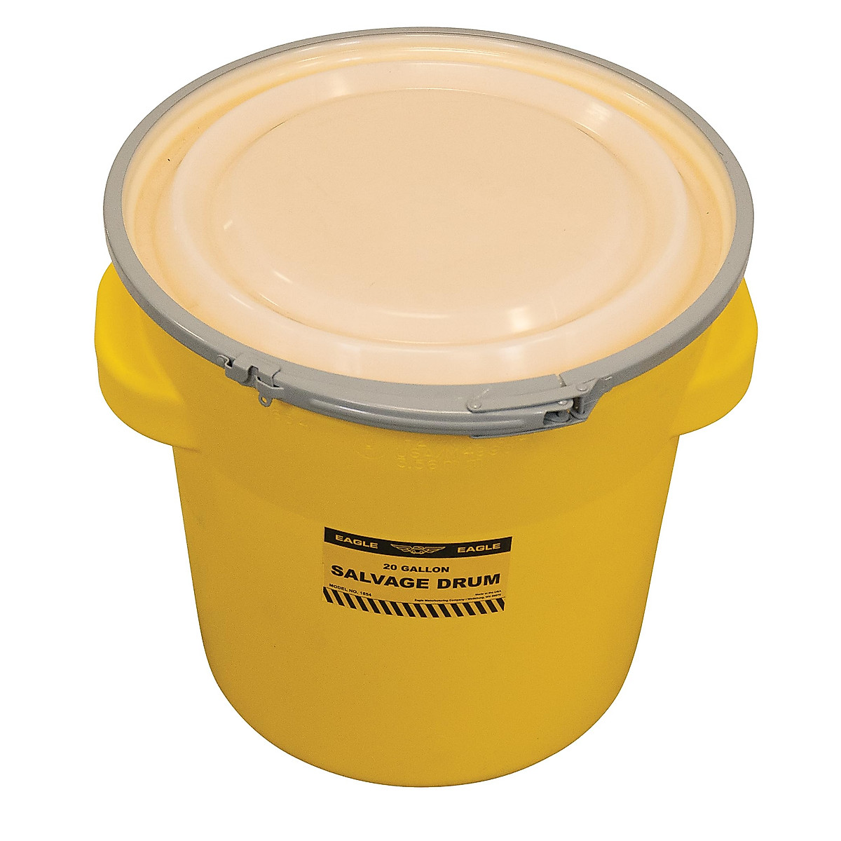 Eagle 20 Gallon Plastic Drum with Lid, Metal Lever-Lock, 20.4"x20.9", Salvage Drum Made of Durable, Lightweight HDPE, Withstands Weather and Chemicals, Made in USA, Yellow, 1654