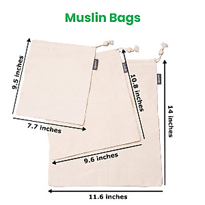 QRAFTY | Organic Cotton Produce Bags | Pack of 7 + 1 | Compact, Biodegradable, Food Safe Mesh & Muslin Bag Set | Reusable and Washable | Ultra Strong, Drawstring Bags for Grocery Shopping