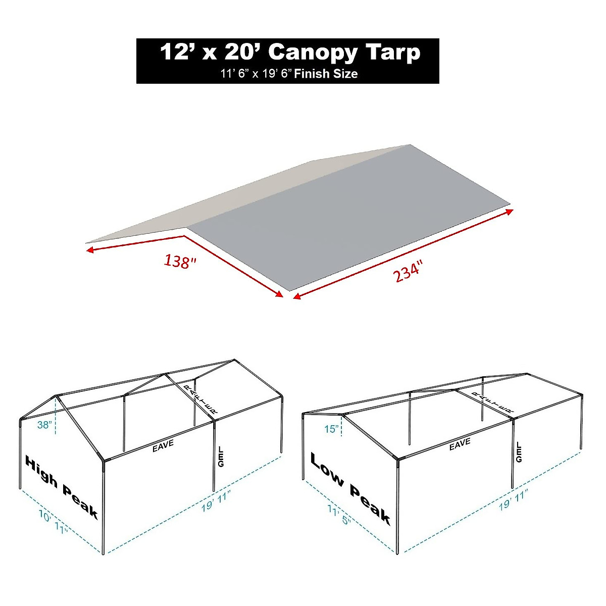 Carport Cover 14' x 20' Cut Size, 13'6" x 19'6" Finish Size Replacement Heavy Duty Canopy Tarp Tent Roof for Garage Shelter White and Silver, Only Cover (Silver 14x20)