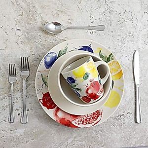Elama Round Stoneware Fruity Dinnerware Dish Set, 16 Piece, White with Multicolored Fruit