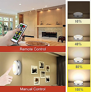 Cadrim Puck Lights, LED Stick on Lightings and Dimmable Under Cabinet Lights Battery Powered Under Counter Tap Lights with 2 Wireless Remote Controls (6 Pack) (White)