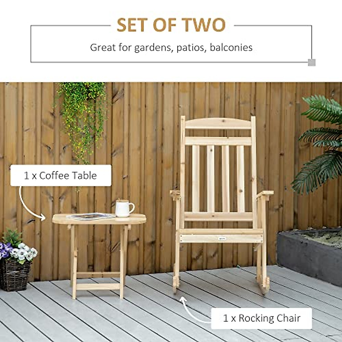 Outsunny 2 Piece Wooden Rocking Chair & Folding Outdoor Table Set, Front Porch Rocker with Armrests and High Back for Outside, Natural