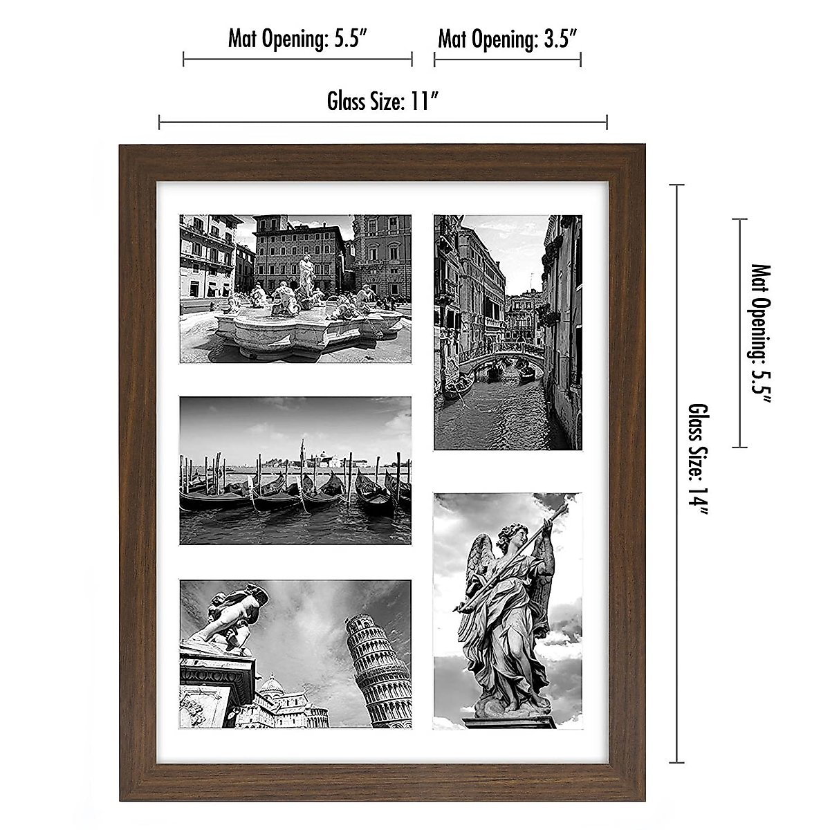 Americanflat 11x14 Collage Picture Frame in Walnut - Displays Five 4x6 Frame Openings or Use as 11x14 Picture Frame Without Mat - Engineered Wood, Shatter Resistant Glass, and Includes Hanging Hardware