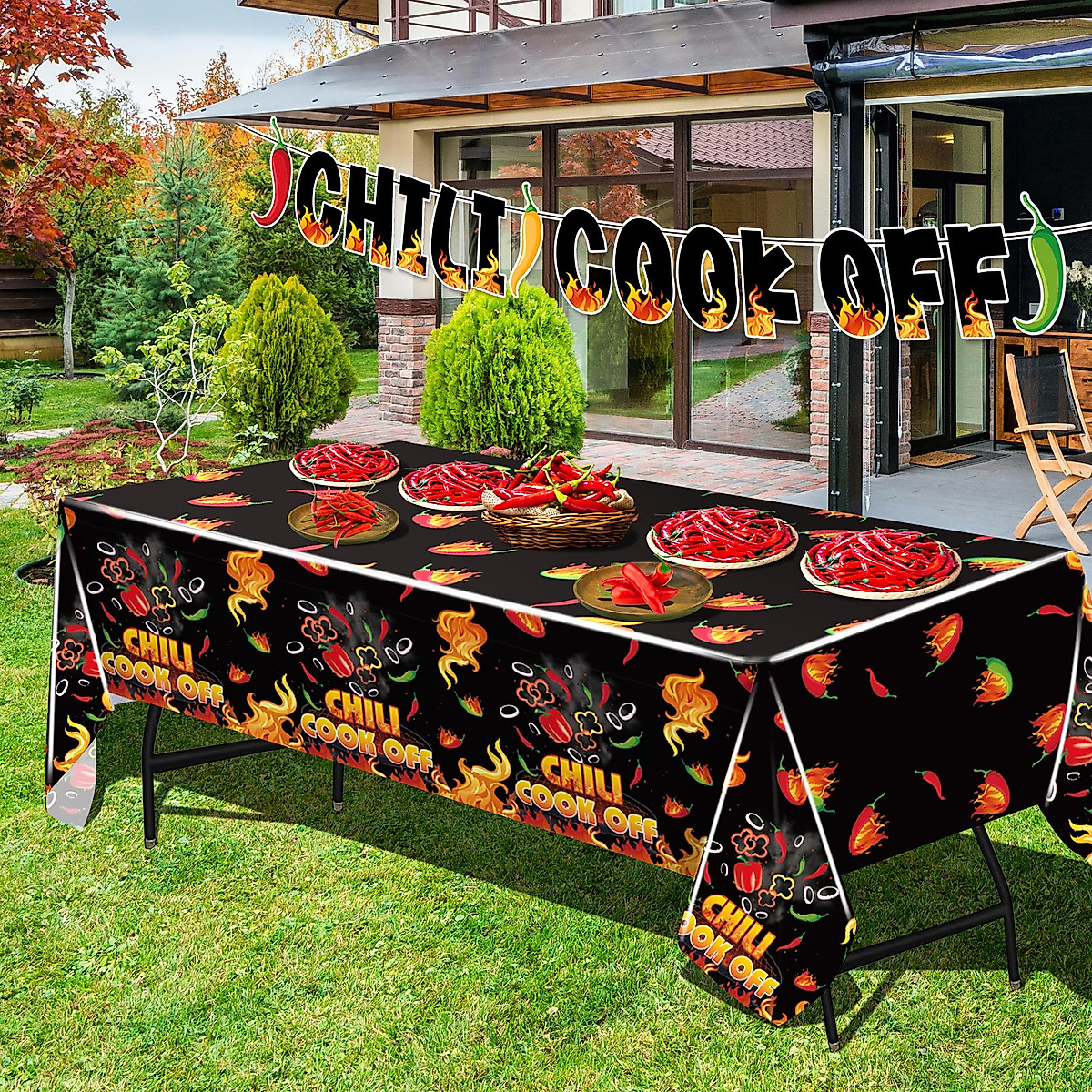 Iceyyyy 4 Pcs Black Chili Cook Off Table Decorations Set-108" x 54" Chili Pepper Flame Table Covers 33 Ft Cooking Chili Contest Banner-Disposable Chili Pepper Party Decorations for Party Supplies