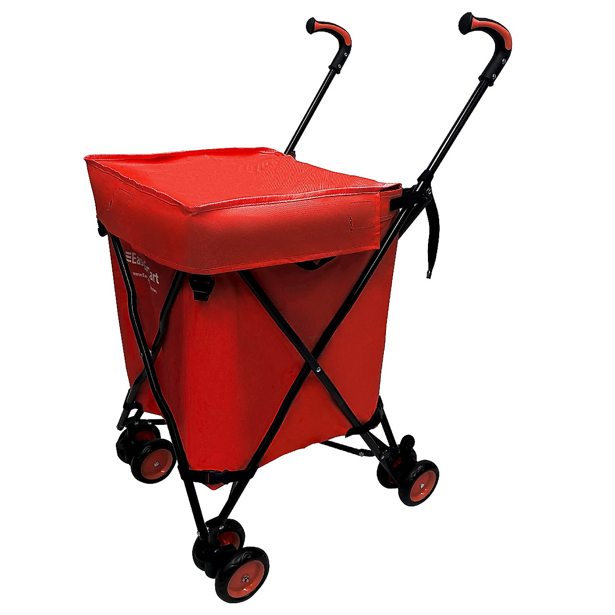 EasyGo Rolling Cart Folding Grocery Shopping Cart Laundry Basket Rolling Utility Cart with Wheels – Removable Canvas Bag - Versa Wheels & Rear Brakes - Easy Folding 120lbs Capacity – Copyrighted – RED