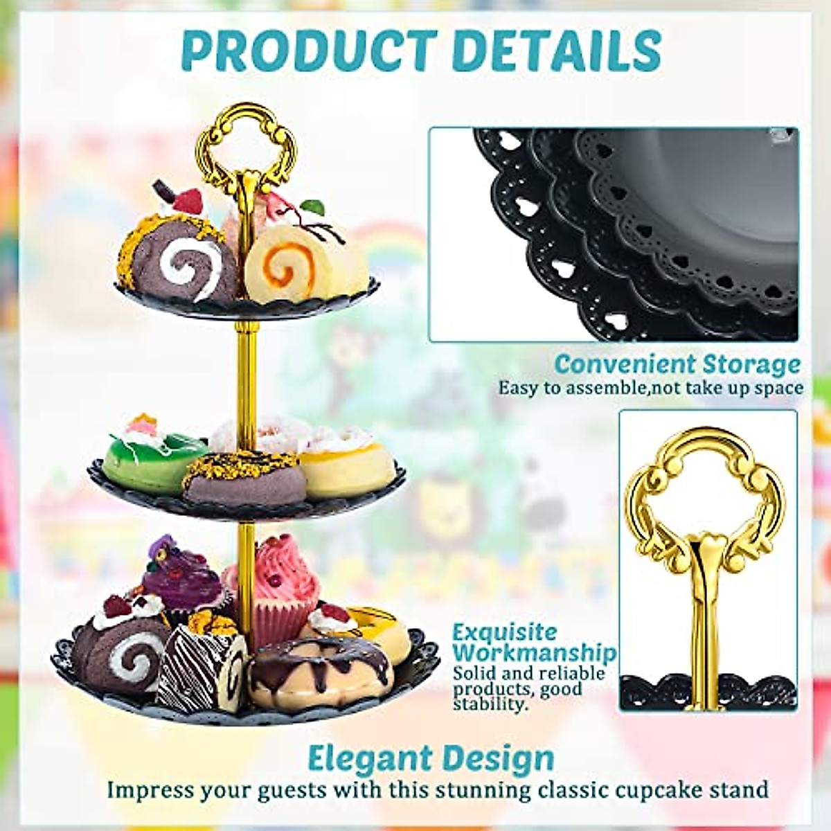 4 Sets 3 Tier Plastic Cupcake Stand Dessert Plates Mini Cake Fruit Candy Display Tower Reusable Tiered Snack Serving Tray Black Gold for Wedding Tea Party Decor