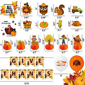 34 Pieces Thanksgiving Party Decorations Set - Fall GIVE THANKS Banner Autumn Theme Hanging Swirls Honeycomb Paper Balloons Maple Leaves Confetti Decor Supplies Cutouts