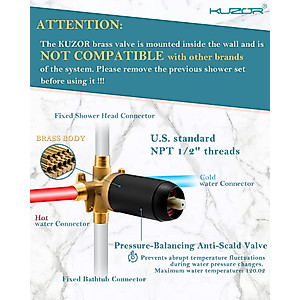 KUZOR 1PC Bathtub Shower Faucets Set, Brass With 304 Stainless Steels 5.5 inches 7 Setting Spray Shower Head, Efficient, Dense Water Flow, Anti-Scald - Bathroom/Shower Room - Matte Black