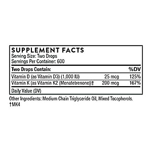 Thorne - Vitamin D + K2 Liquid with a metered Dispenser - Vitamins D3 and K2 to Support Healthy Bones and Muscles* - 1 Fl Oz (30 ml) - 600 Servings