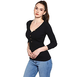 AmélieBoutik Women V Neck Henley Long Sleeve Pullover Ribbed Sweater (Black Medium)