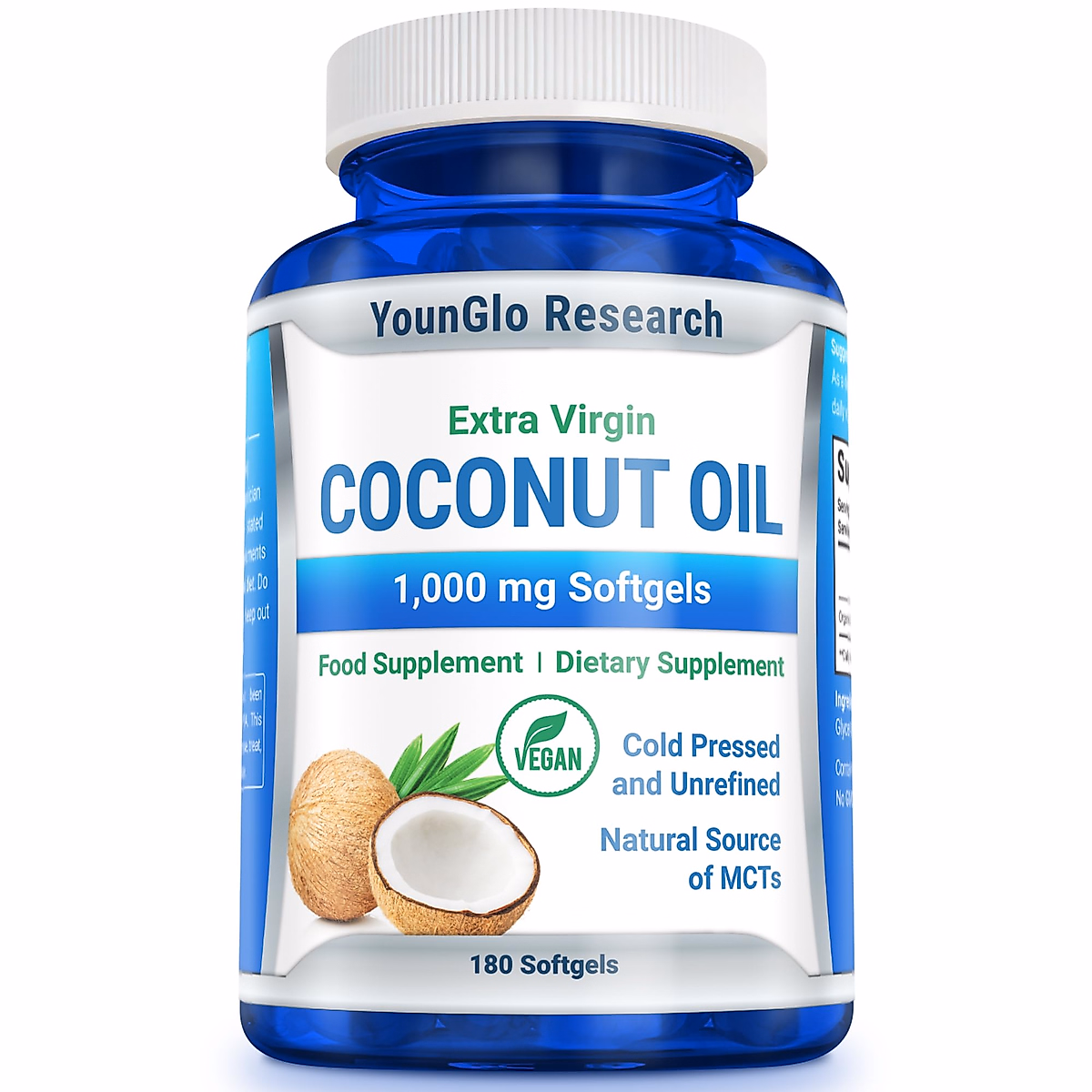 YounGlo Research Coconut Oil 1000 mg 100% Cold-Pressed Organic Extra Virgin Coconut Oil 180 Vegan Softgel Capsules Keto-Friendly Dietary Supplement Support for Hair, Nails & Skin Health