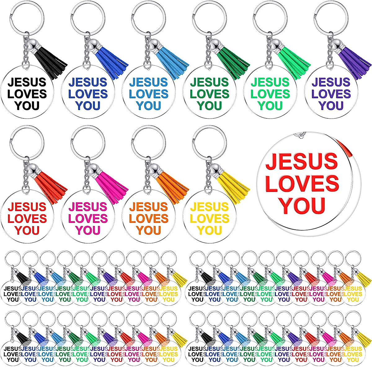 Ferreve 100 Pcs Jesus Loves You Acrylic Keychains with Tassels Christian Gifts Bulk Operation Christmas Supplies Religious Keychain for Women Church Christian Gift